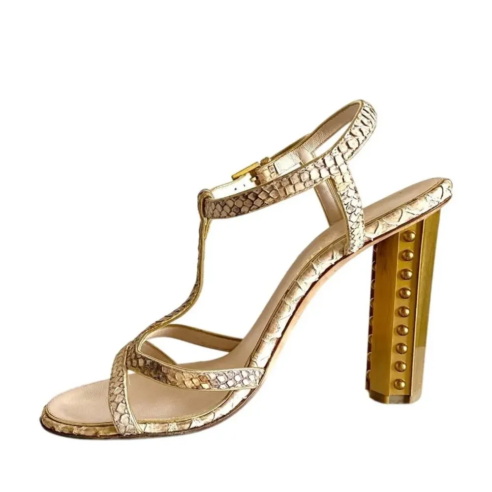 CHANEL | Shoes | Chanel Python Tstrap Sandals 395 Gold Studded Cc ...